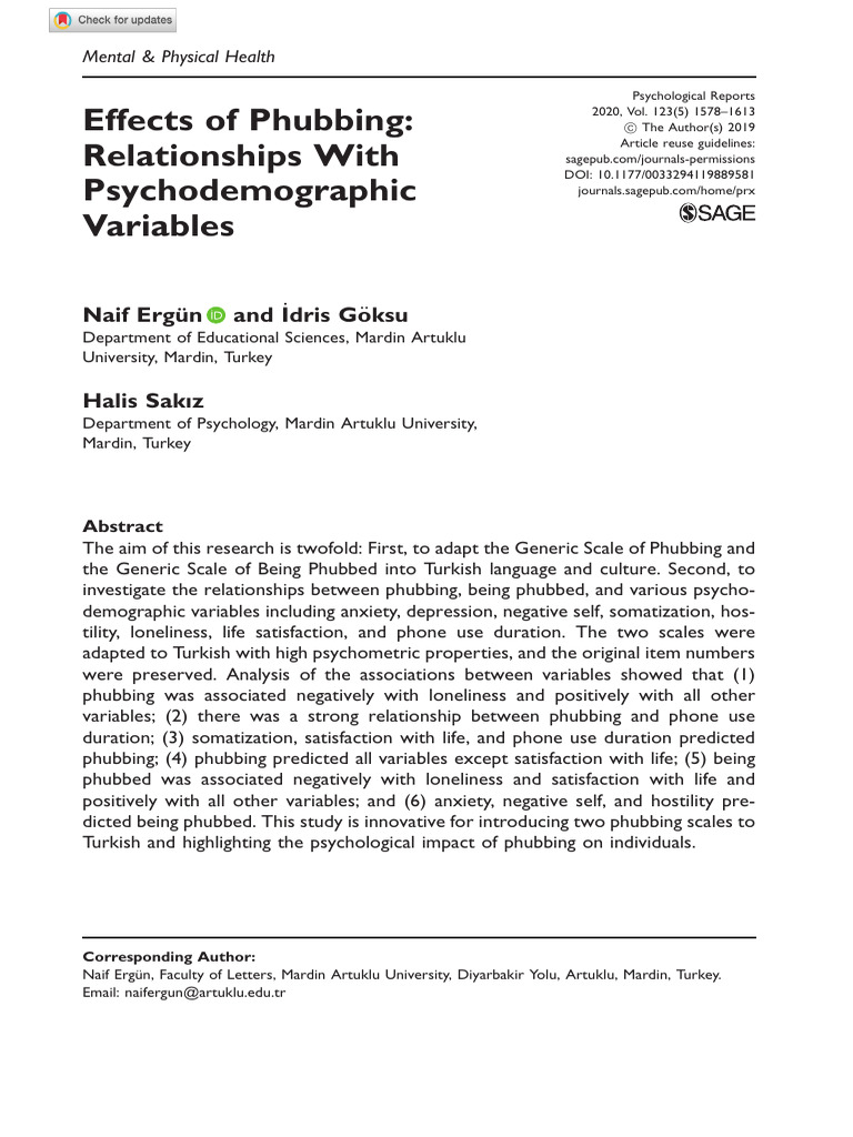 Ergun Et Al 2019 Effects of Phubbing Relationships With Psychodemographic Variables | PDF ...
