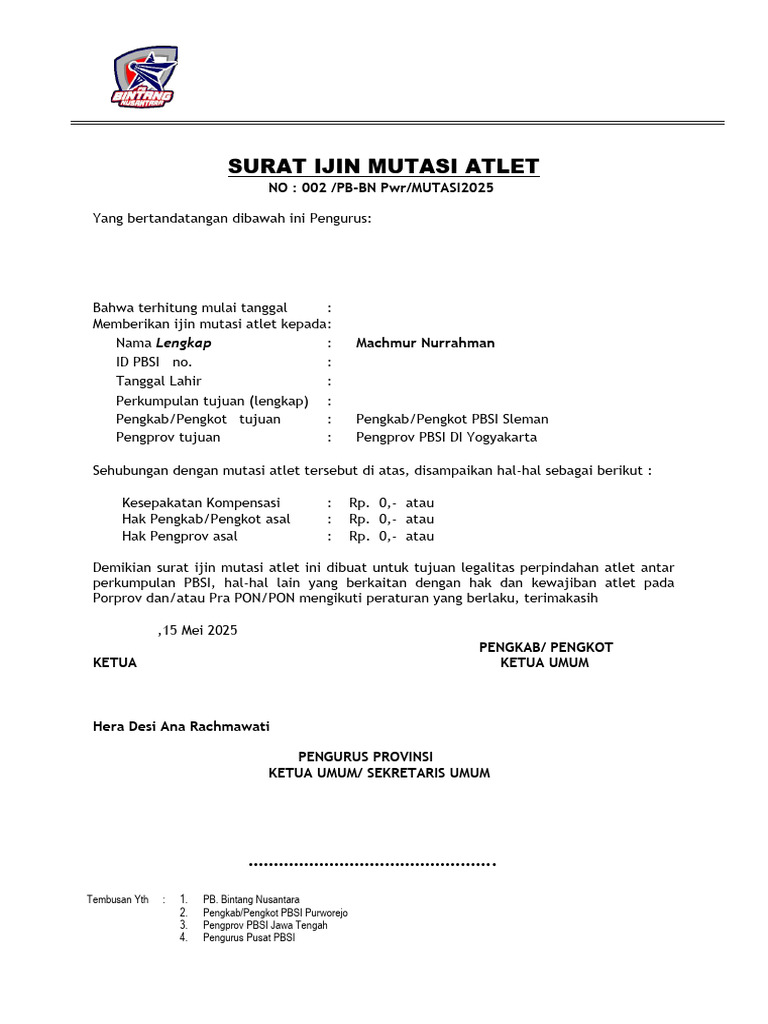 Surat Izin Mutasi Atlet PBSI | PDF