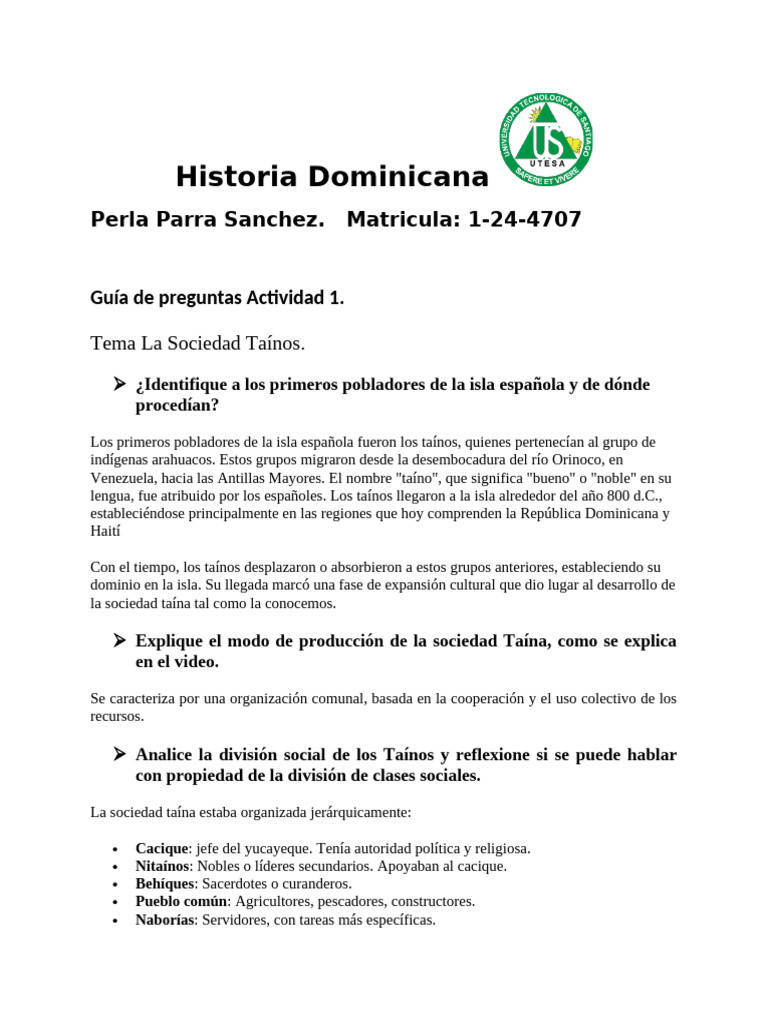 Historia Dominicana: Perla Parra Sanchez. Matricula: 1-24-4707 | PDF