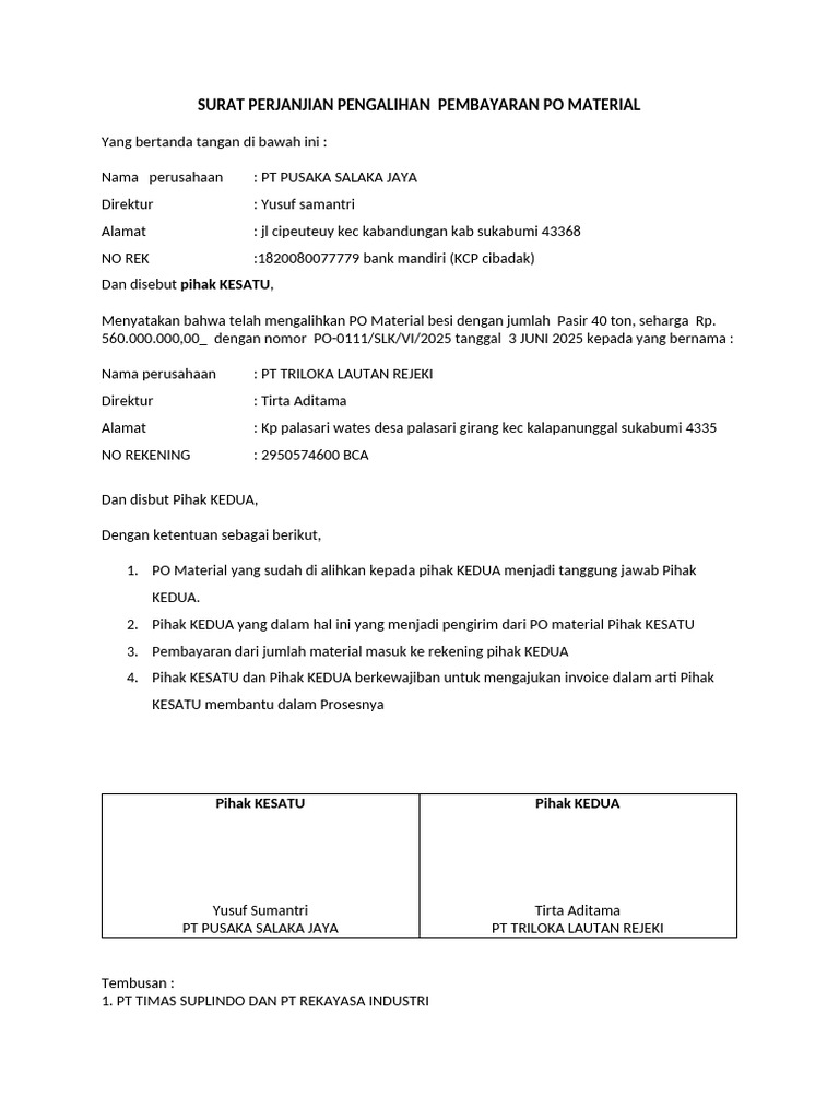 Surat Pernyataan Pengalihan Po Material Triloka, PSJ | PDF