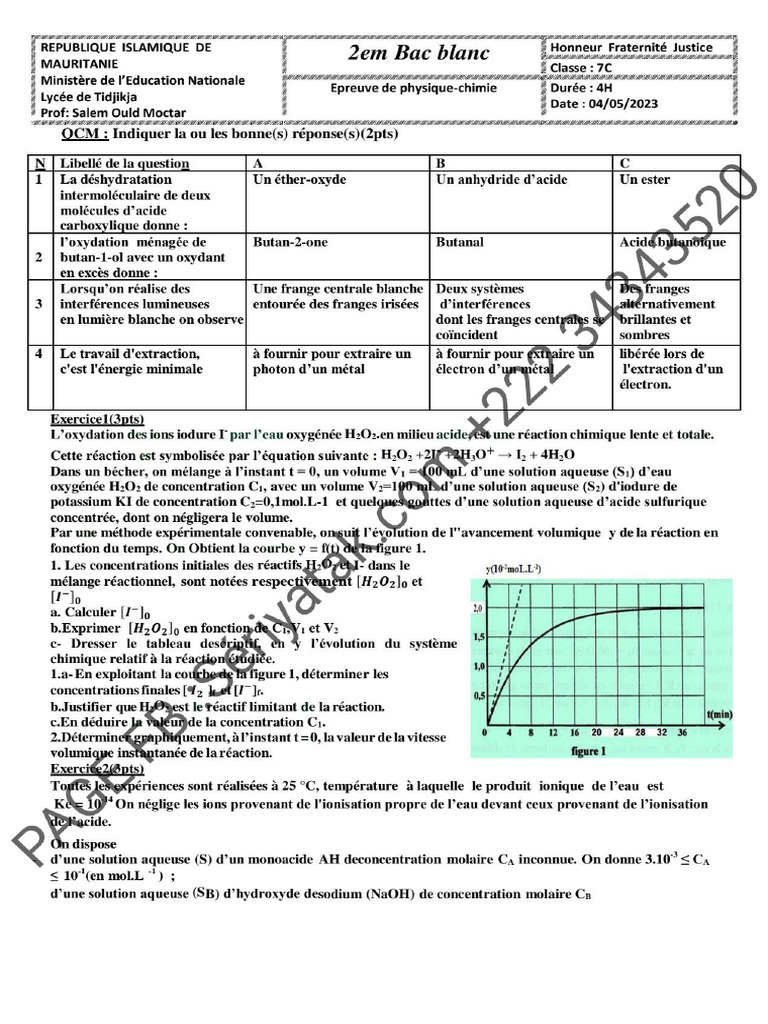 Bac Blanc PC 7C Lycée Tidjikja 2024-2025 | PDF