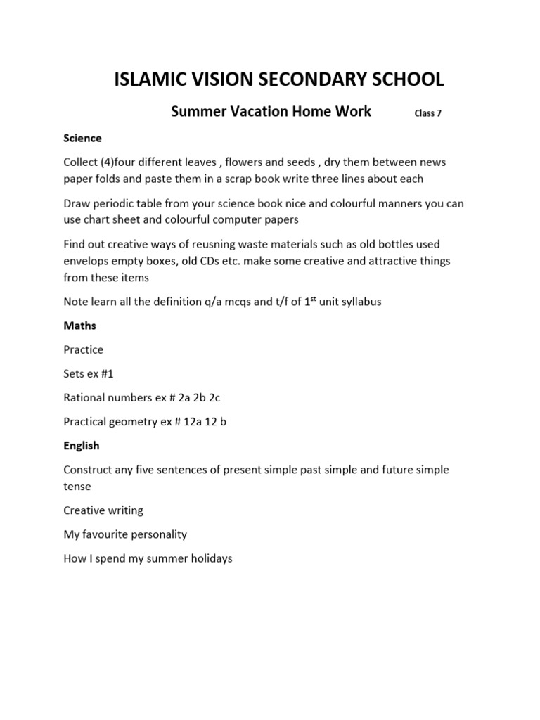 Summer Vacation Class 7 | PDF