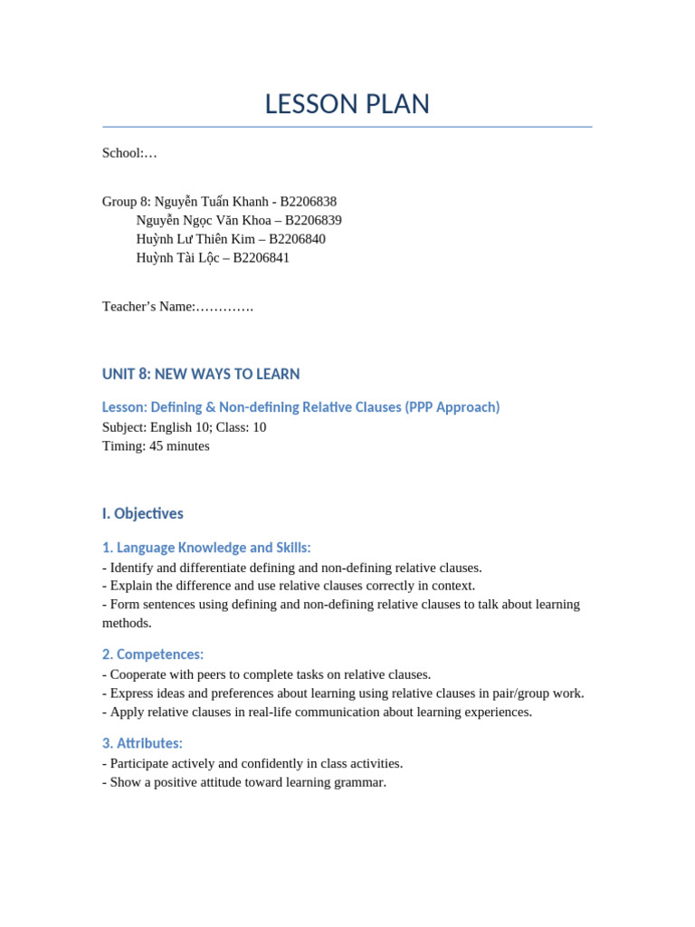 Relative Clauses Lesson Plan for English 10 | PDF | Teachers | Sentence ...