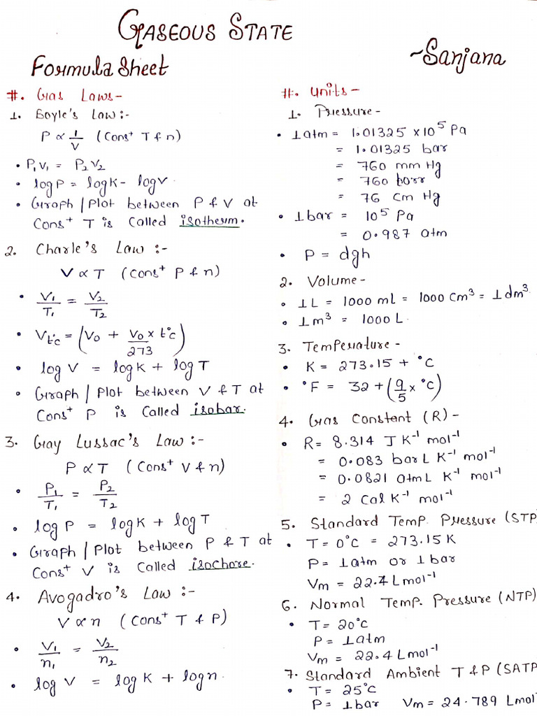 Formula Sheet (Gaseous State) | PDF