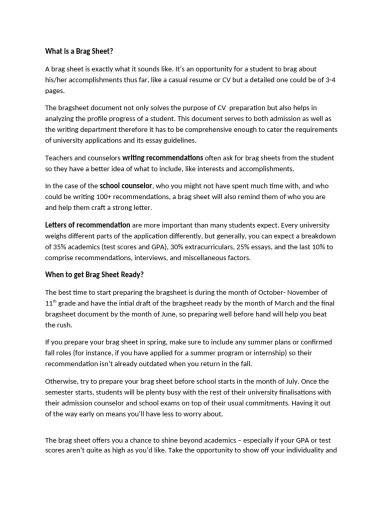 Guide To Brag Sheet Writing | PDF | Sat | University And College Admission