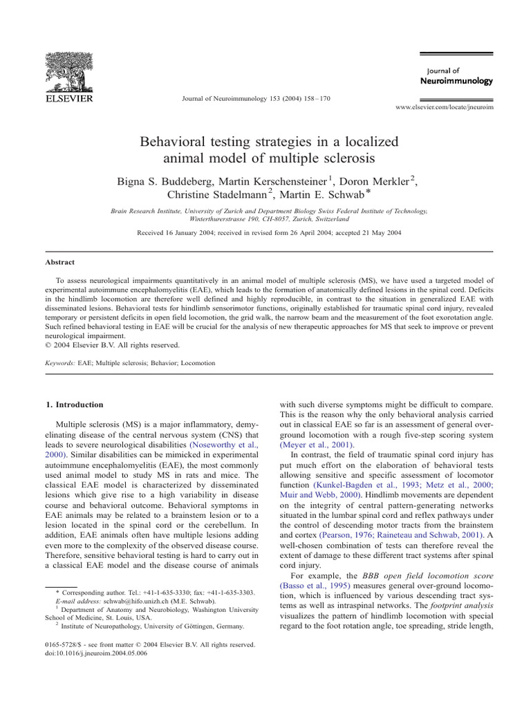 Behavioral Testing Strategies in A Localized Animal Model of Multiple ...