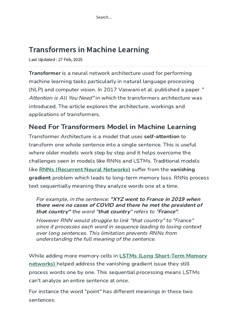 Transformers in Machine Learning - GeeksforGeeks | PDF | Machine Learning | Artificial Intelligence