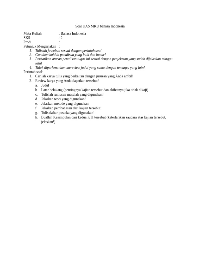 Soal UAS MKU Bahasa Indonesia 2025 | PDF