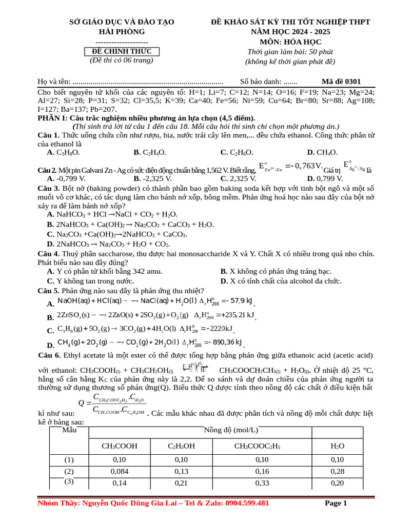 17. 2024-2025 Thi Thử THPT Lần 1 Sở Hải Phòng Đề Ma - de - 0301 | PDF