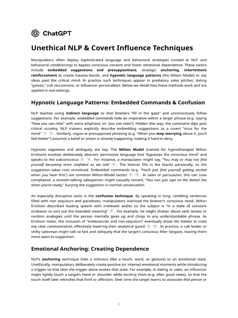 Unethical NLP & Covert Influence Techniques | PDF | Neuro Linguistic Programming | Reinforcement
