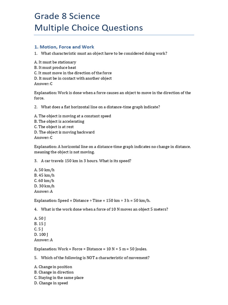 Grade 8 Science MCQs on Forces & Machines | PDF | Pressure | Density