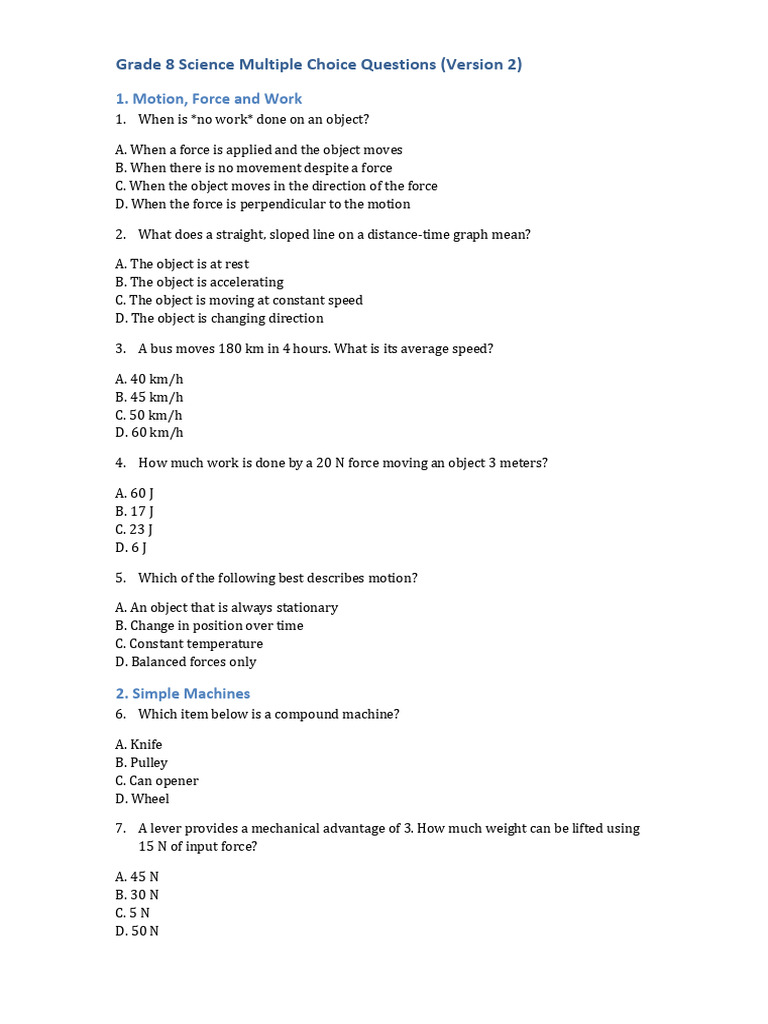 Grade 8 Science Questions V2 | PDF | Force | Pressure