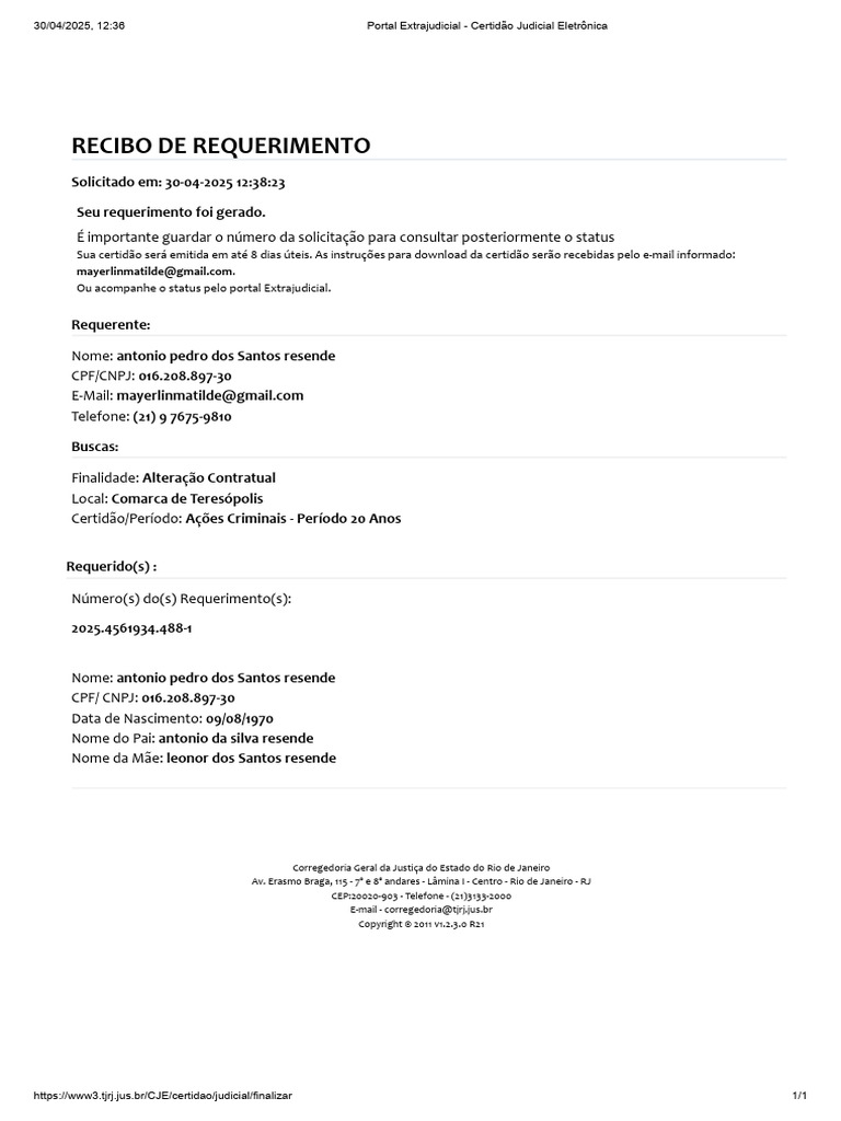 Portal Extrajudicial - Certidão Judicial Eletrônica - Criminal - Teresopolis | PDF