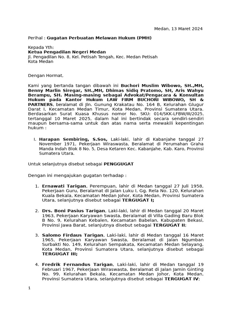 Draf Gugatan PMH Ahli Waris Naik Tarigan | PDF