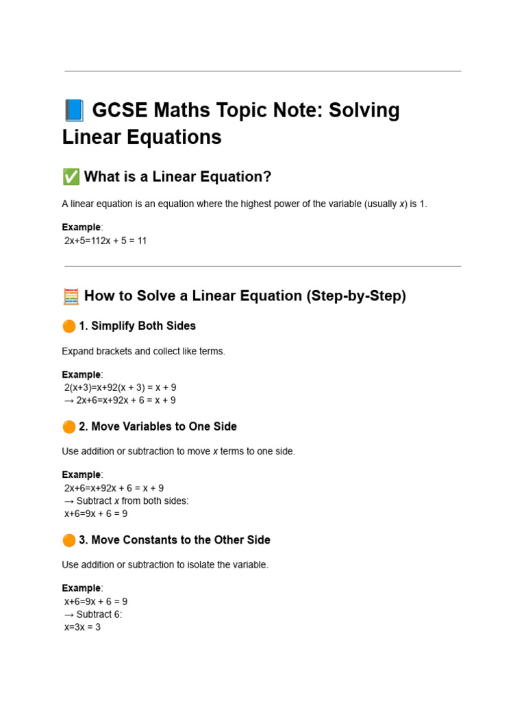 ? GCSE Maths Topic Note - Solving Linear Equations | PDF