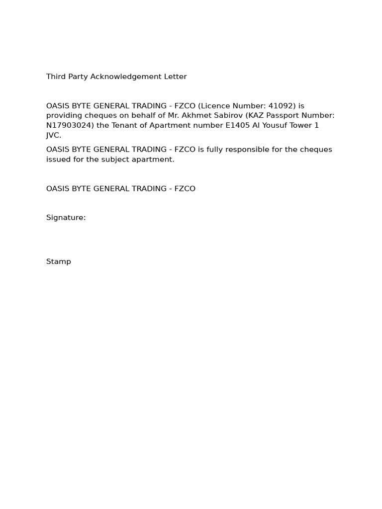 Third Party Acknowledgement Letter | PDF