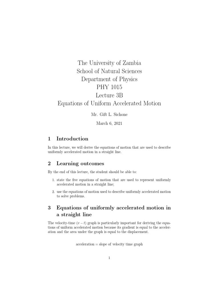 PHY 1015 Lecture 3B - Equations of Uniform Accelerated Motion | PDF | Acceleration | Velocity