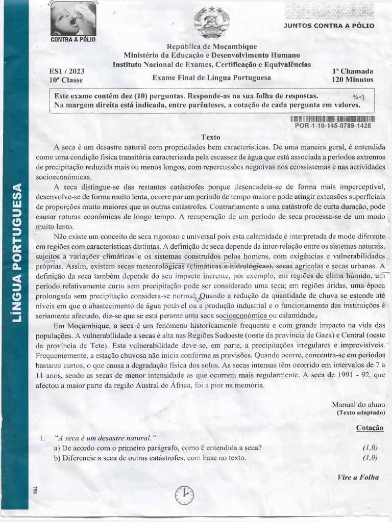 Português 10 Classe 1 Chamada (2023) | PDF