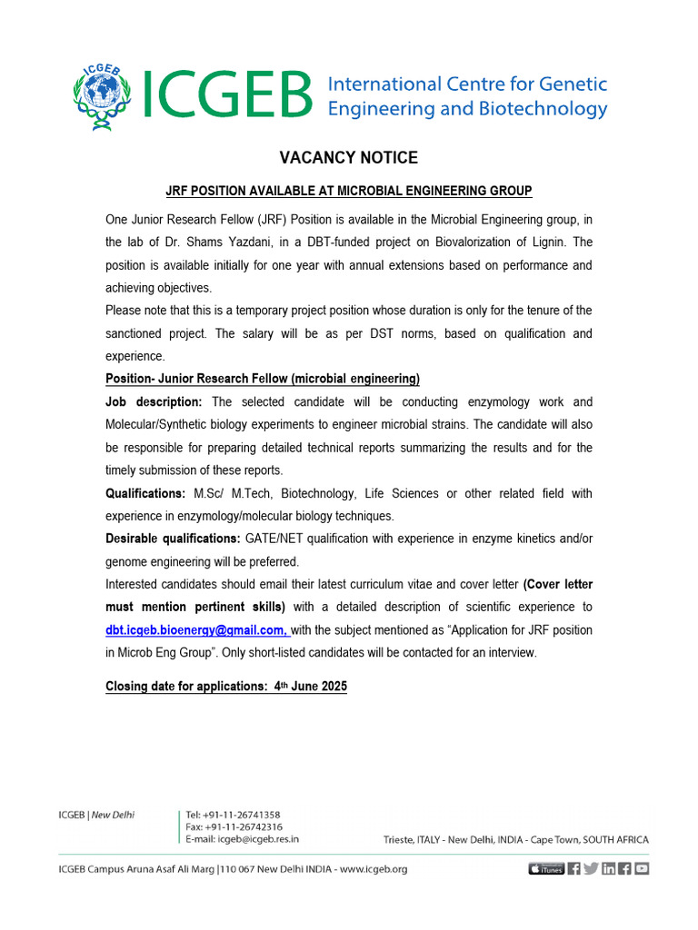 Vacancy Notice For Microbial Engineering Group May2025 | PDF