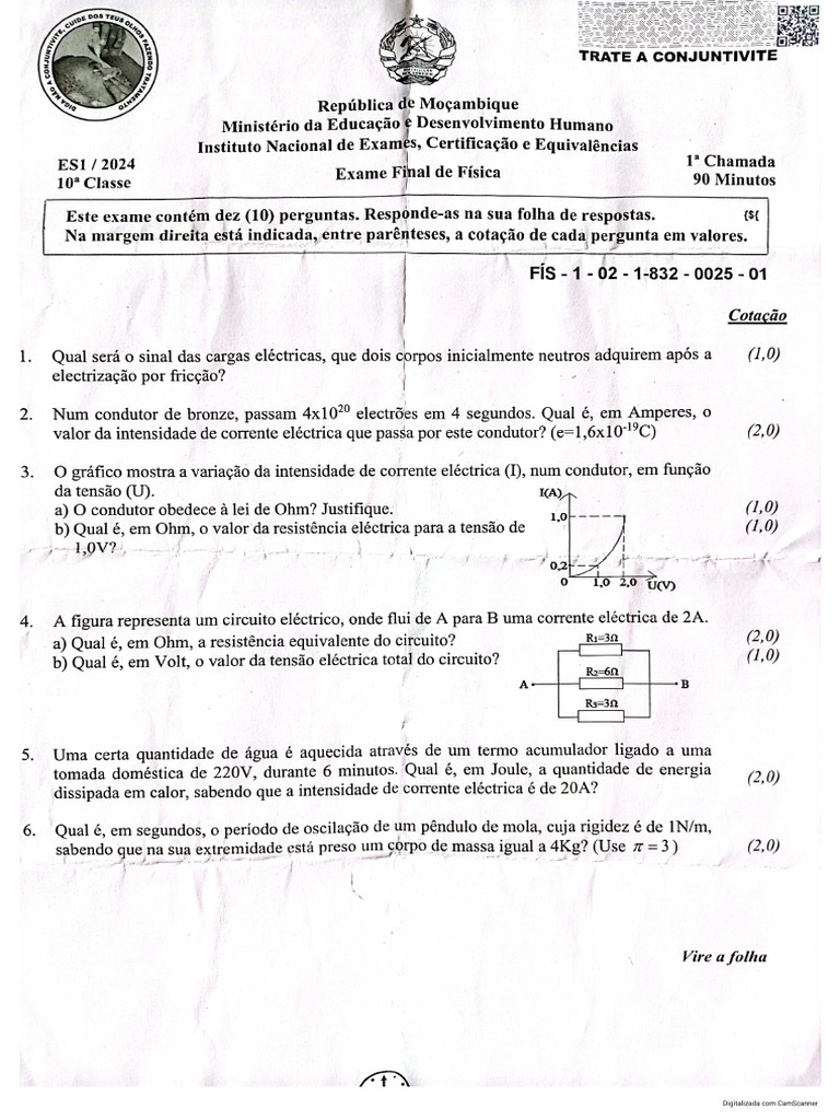 Física 10 Classe 2024 - 1 Chamada | PDF