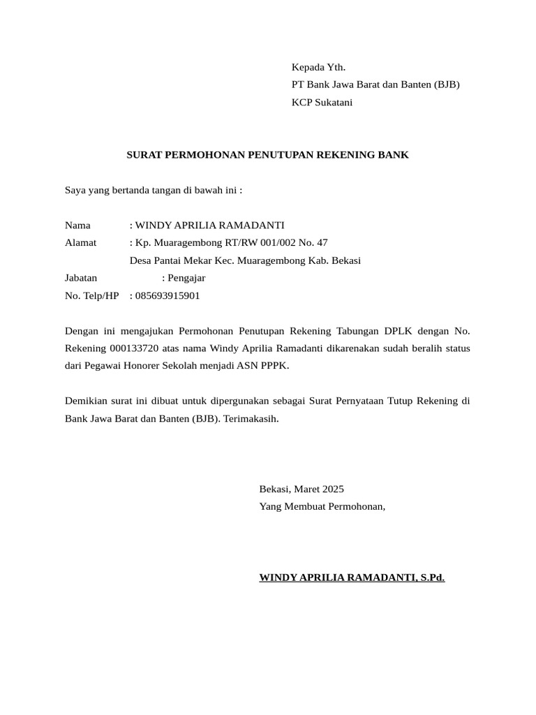 Surat Permohonan Penutupan DPLK | PDF