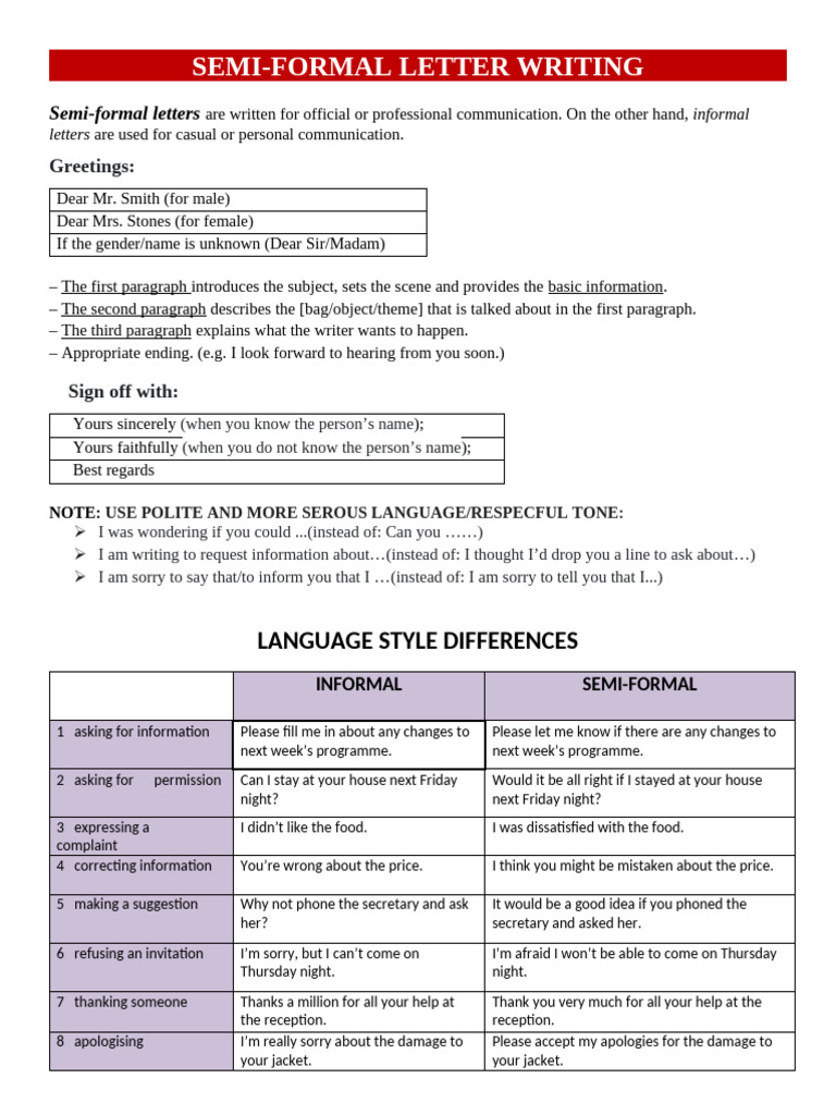 Semi-Formal Letter Material Table | PDF