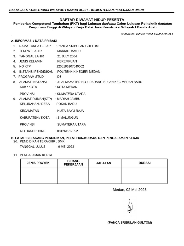 Format CV Atau DRH Peserta PKT Poltek-Universitas | PDF