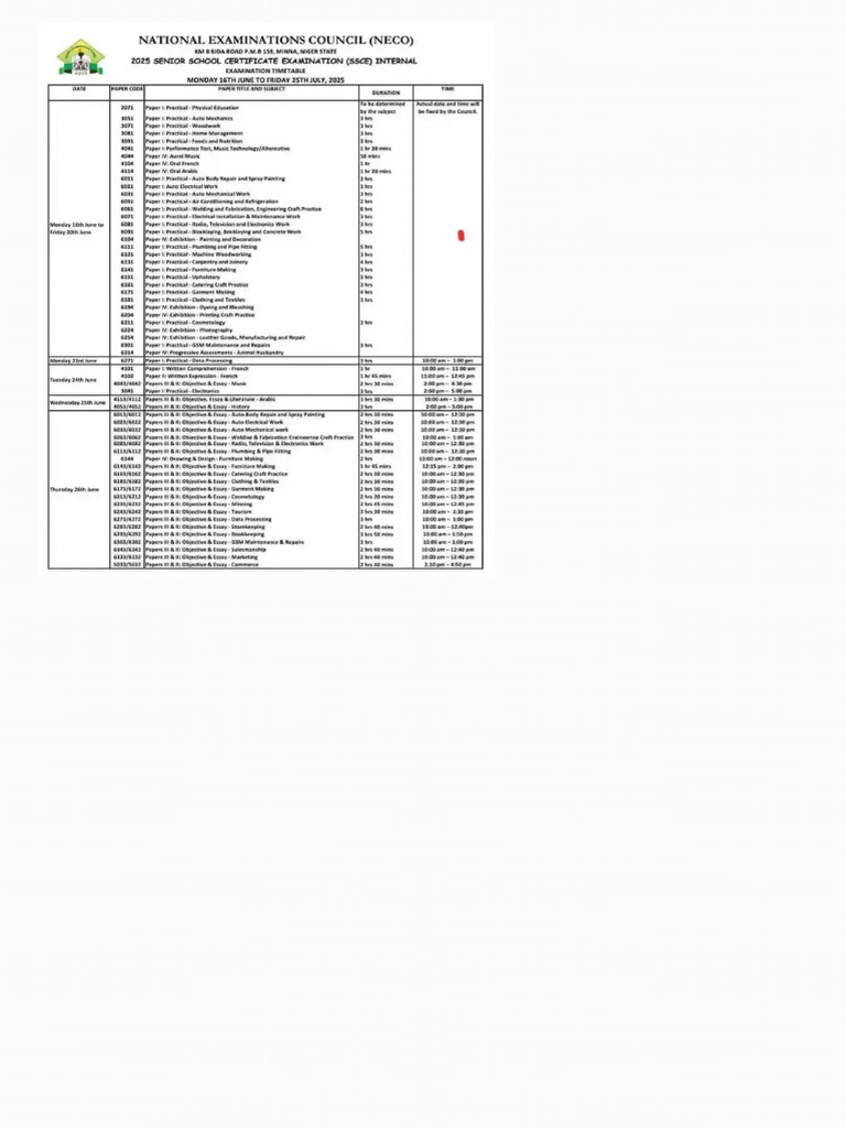 Neco Timetable 2025 - 250605 - 074321 | PDF