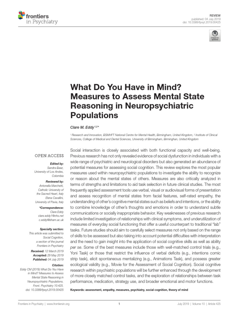 Assessing Mental State Reasoning in Psychiatry | PDF | Theory Of Mind ...