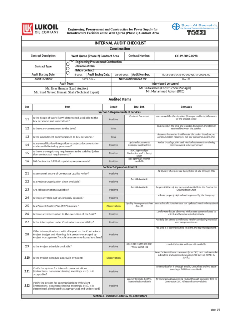 Annexure-1 (Internal Audit Checklist-Construction and Commissioning) | PDF | Audit ...