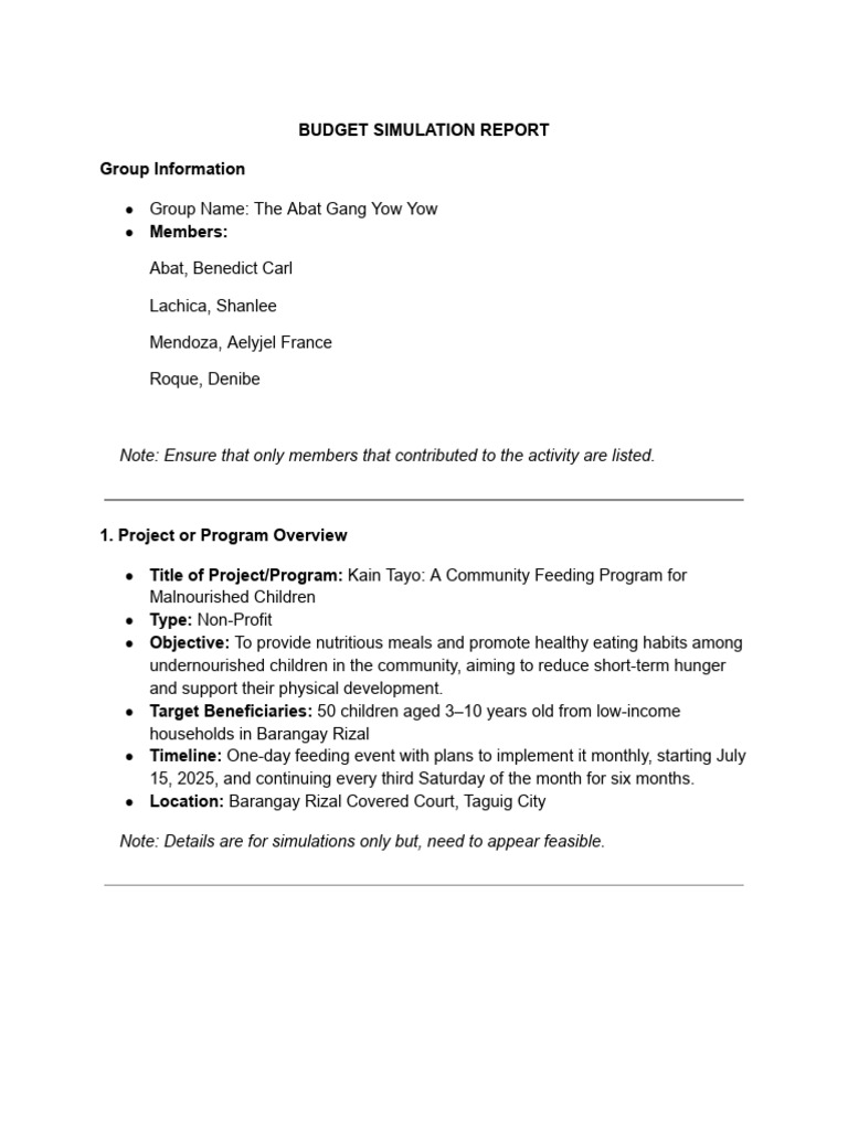 Community Feeding Program Budget Report | PDF | Budget | Expense