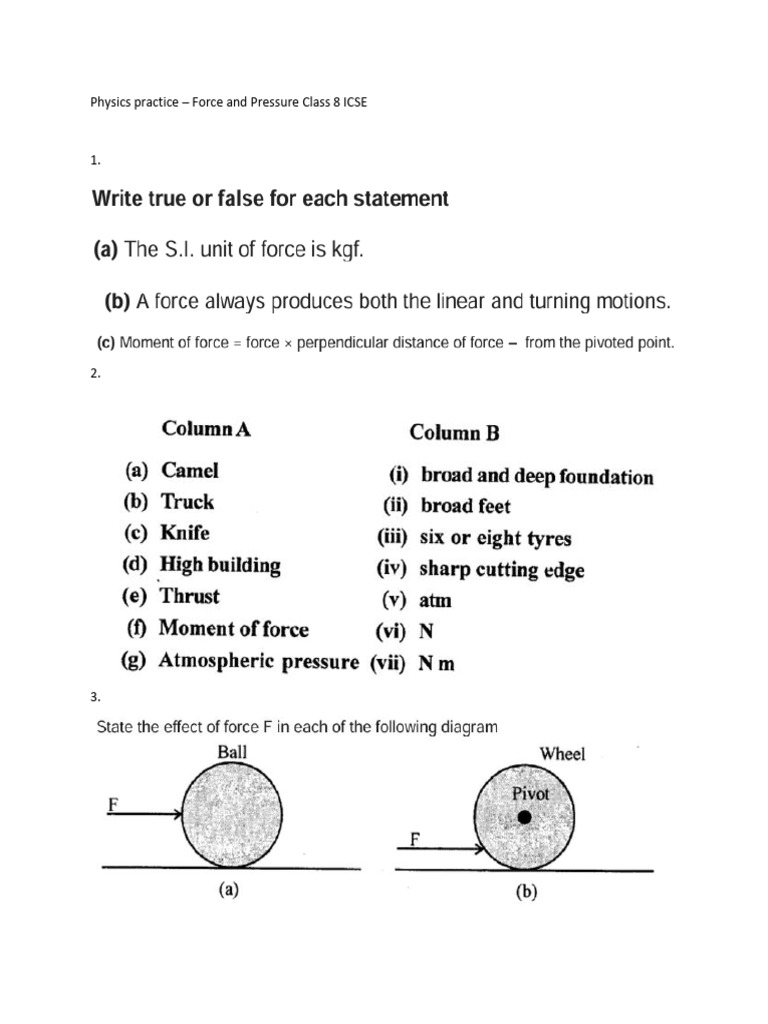 Physics Practice - Force and Pressure Class 8 ICSE | PDF