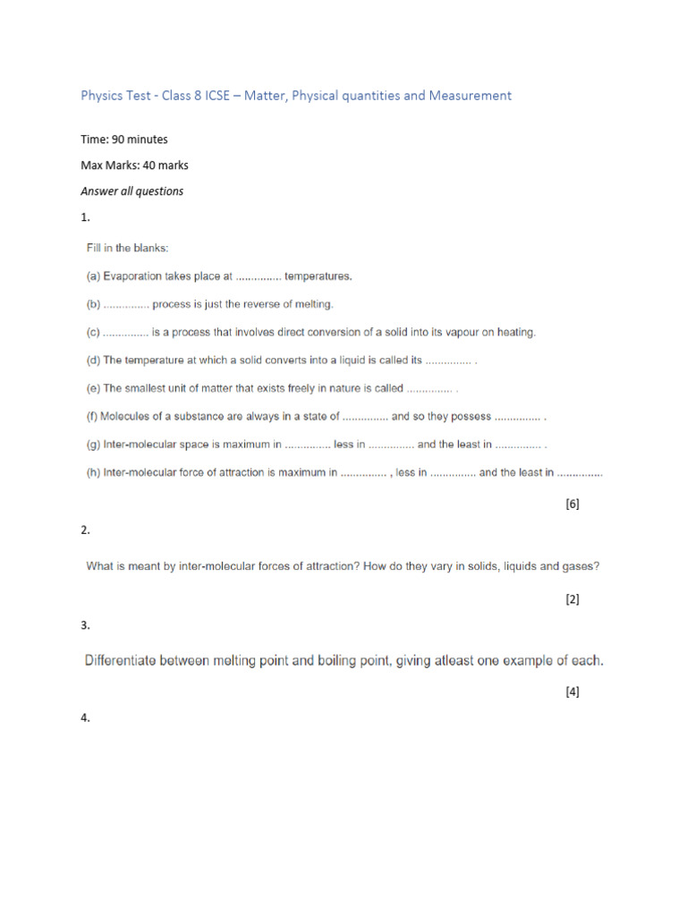 Physics Test Class 8 ICSE Matter - Phy and Chem Changes | PDF