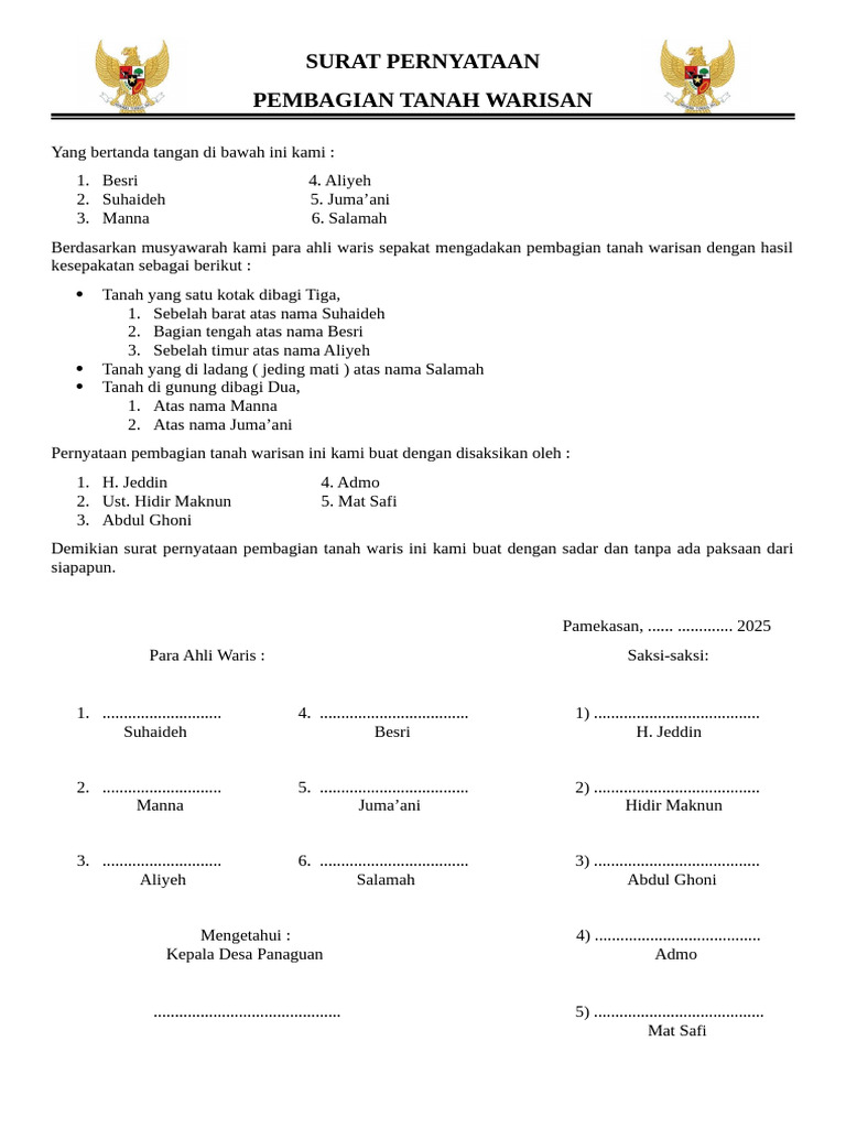 Contoh Surat Pernyataan Pembagian Tanah Warisan | PDF