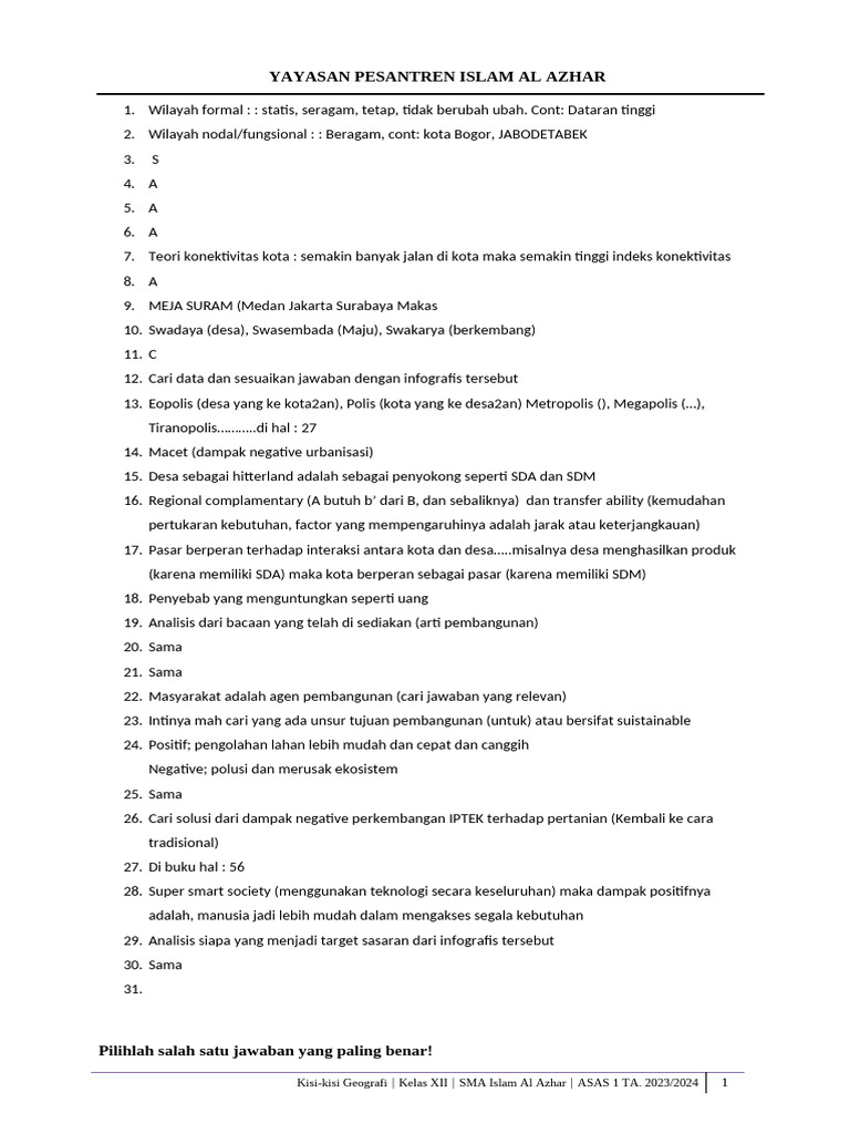 Kisi-kisi Soal ASAS Ganjil Kelas 12 | PDF