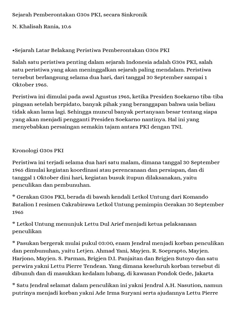 Sejarah Pemberontakan G30s PKI, Secara Sinkronik | PDF