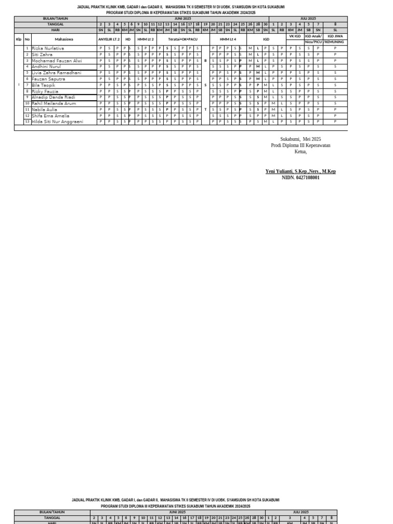 Jadual Rotasi PKK Genap 2425 Syamsudin | PDF