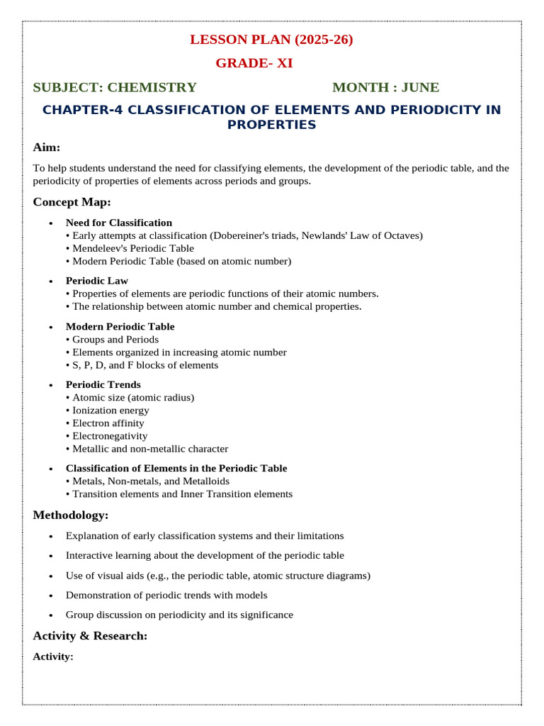 Periodic Classification of Elements Plan | PDF | Periodic Table ...