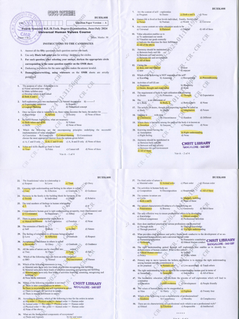 VTU Exam Question Paper With Solution of BUHK408 Universal Human Values ...