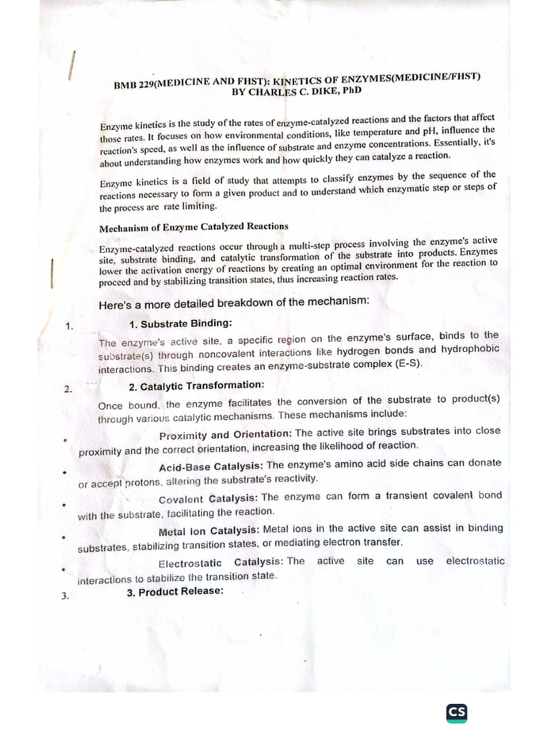 BMB 229 Kinetics of Enzymes .... Dr. Charles Dike | PDF