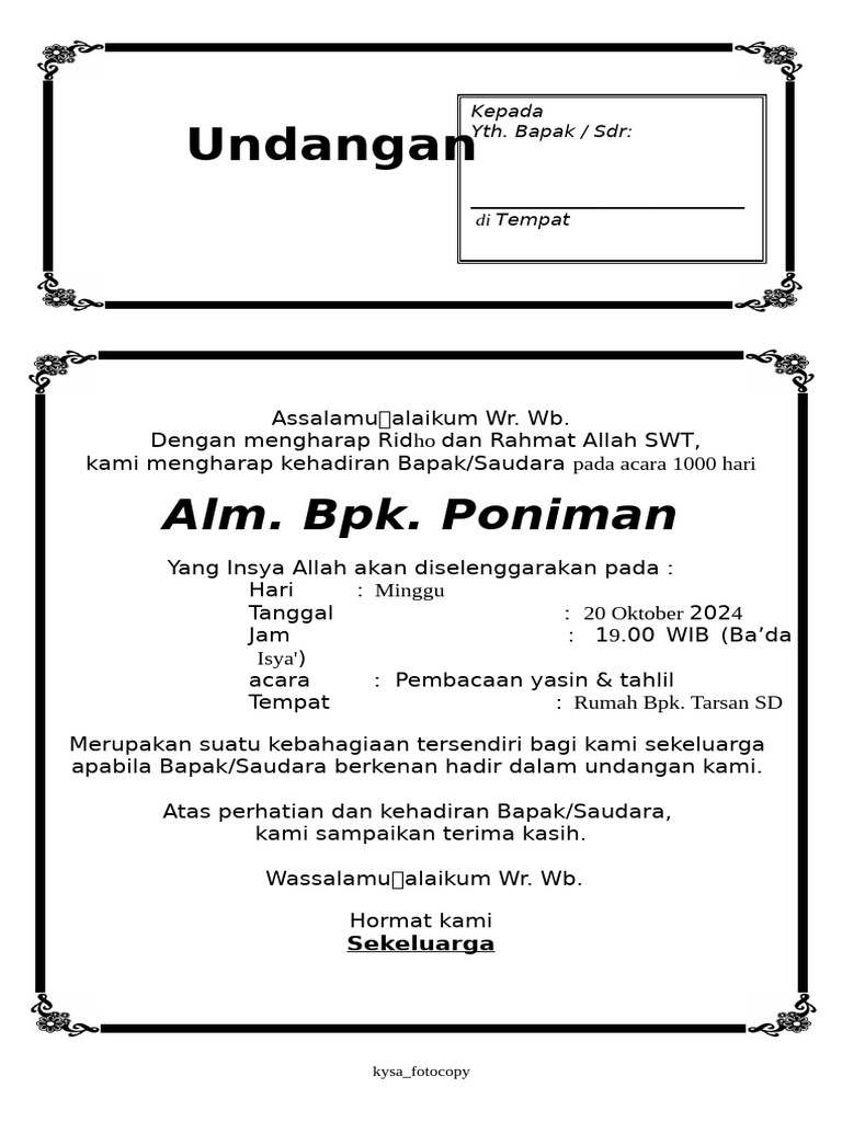 Undangan Acara 1000 Hari Alm. Bpk. Poniman | PDF