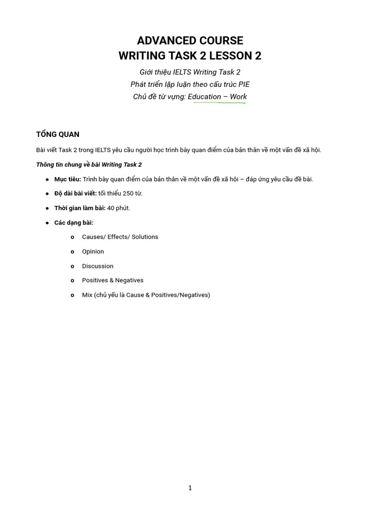 ADVANCED COURSE Writing Task 2 L1 (Handout) | PDF