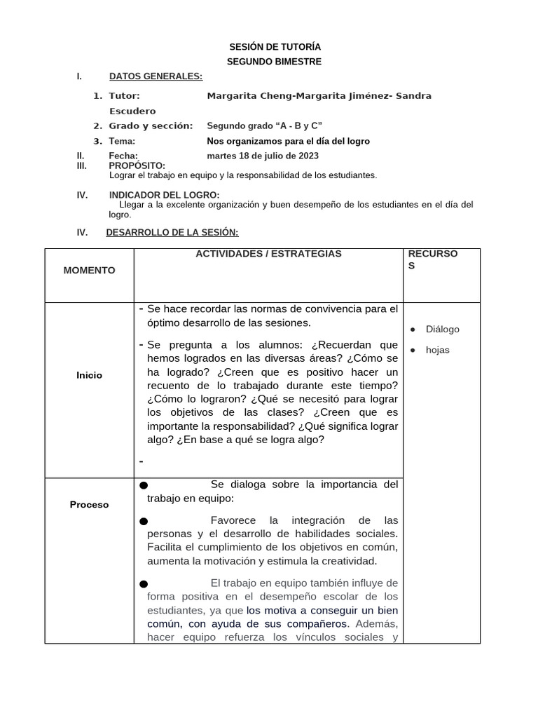 SESIÓN 8 - TUTORIA - Nos Organizamos para El Dìa Del Logro 2023 | PDF ...