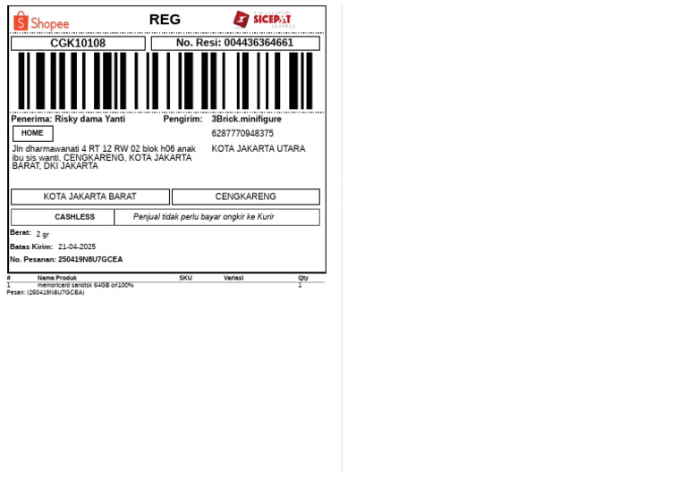 Contoh Label Pengiriman Shopee Tokopedia | PDF