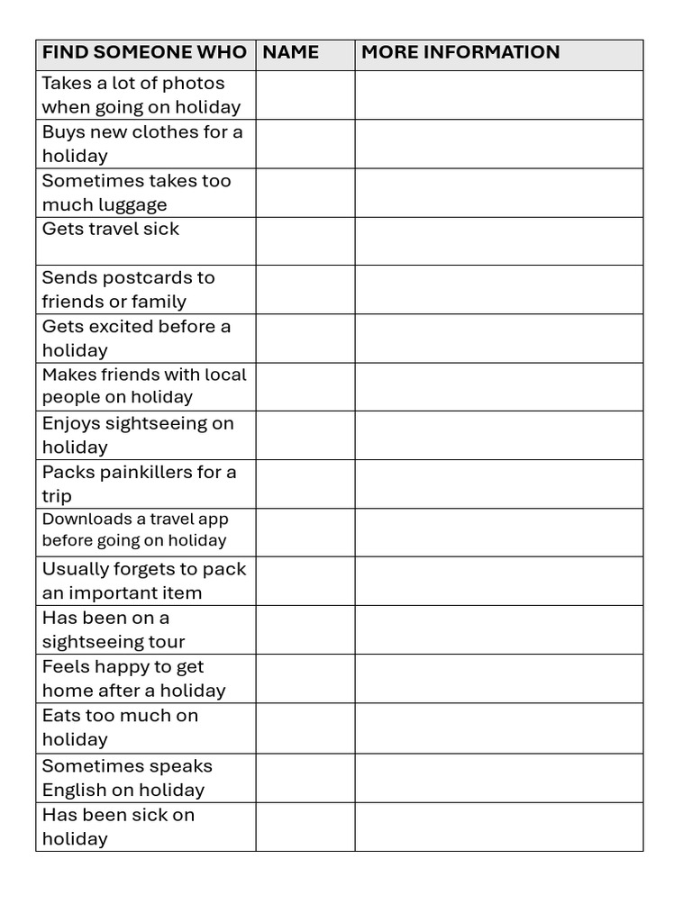 Find Someone Who Travel and Holidays | PDF