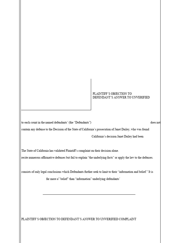 Objection To Defendants Answer | PDF | Complaint | Default Judgment