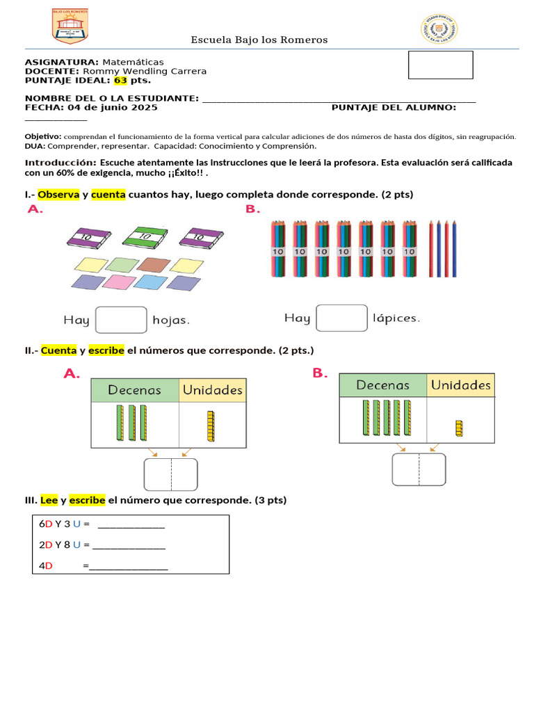 Prueba de Matematicas Sumas | PDF