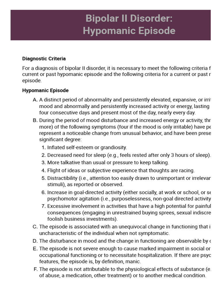 Bipolar II Disorder Hypomanic Criteria | PDF
