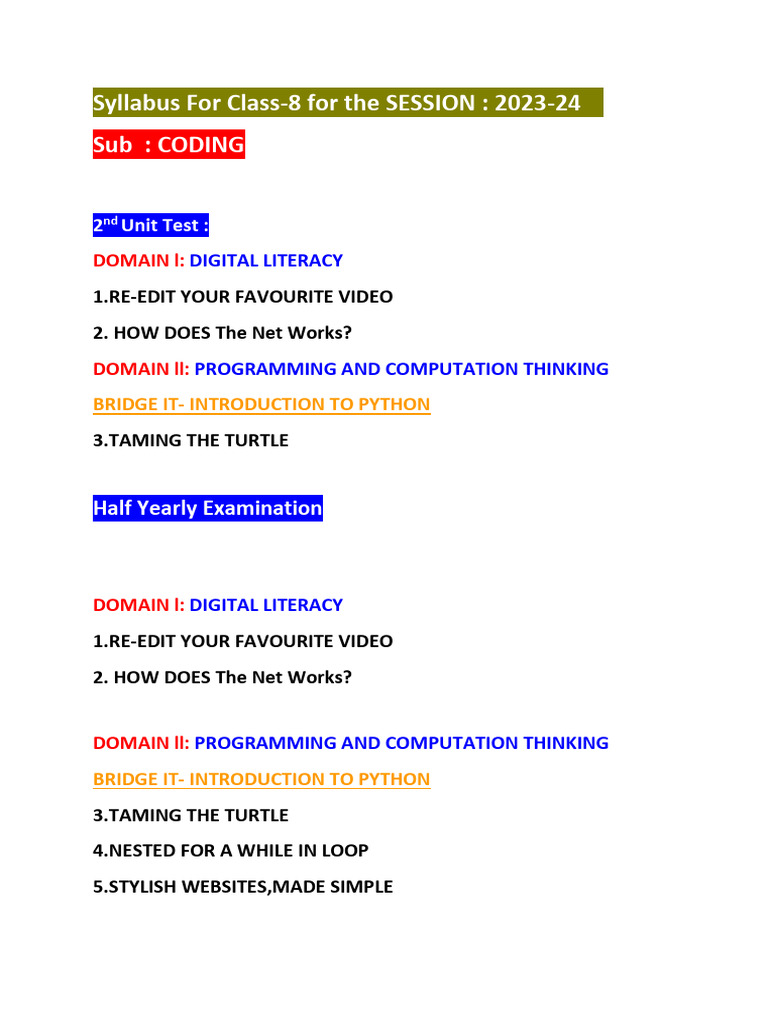 Syllabus Document CODING Cl-8 2025-26 | PDF