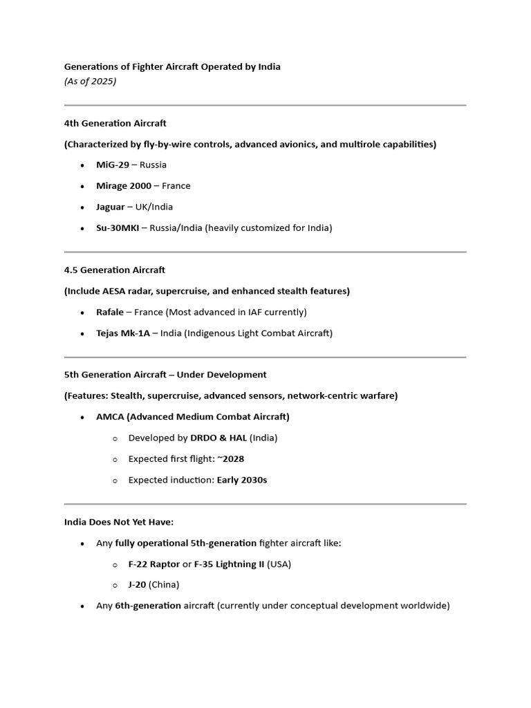 Generations of Fighter Aircraft Operated by India | PDF